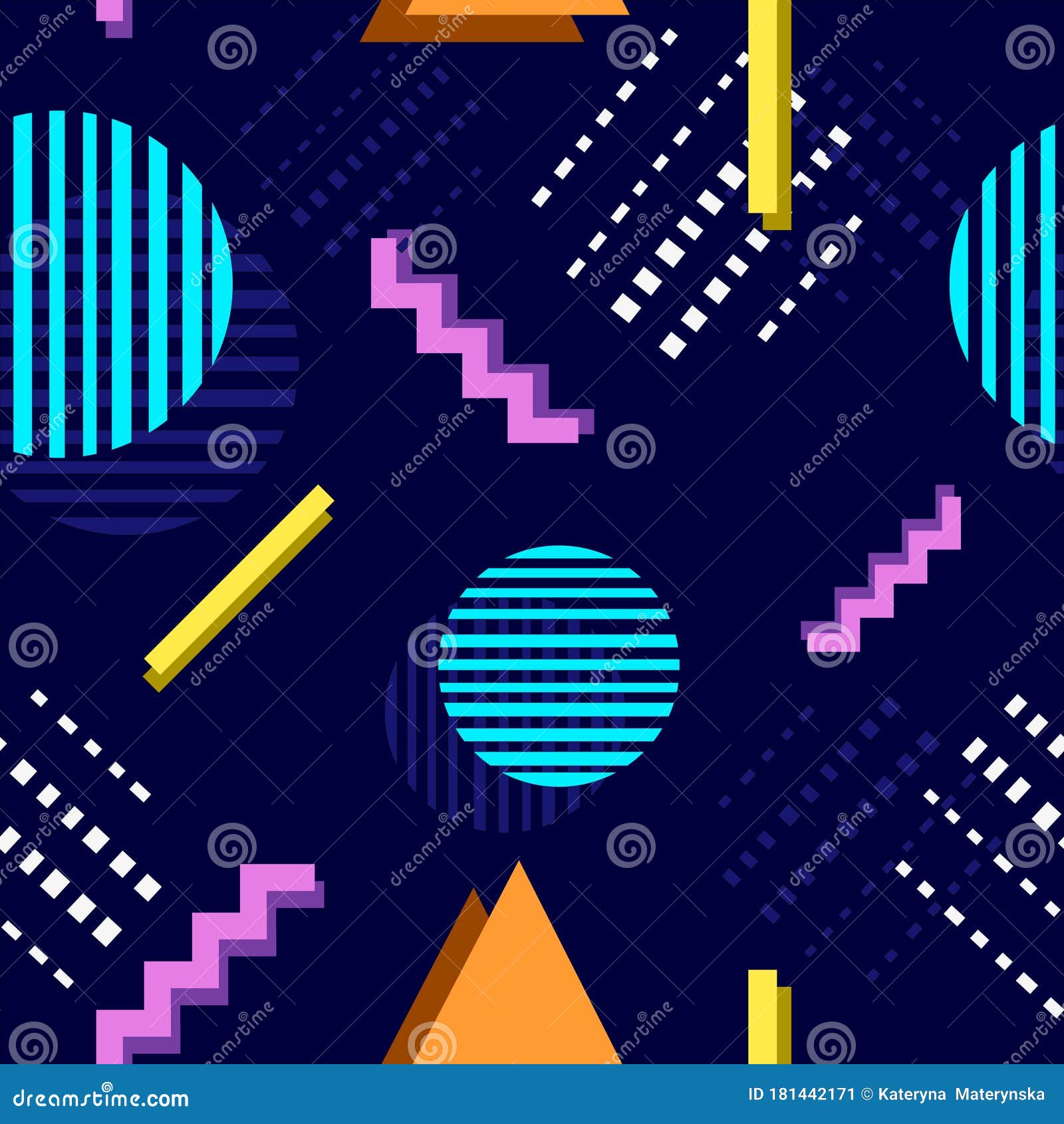 Seamless Geometric Pattern in Retro 80s Style. Elements on Blue ...