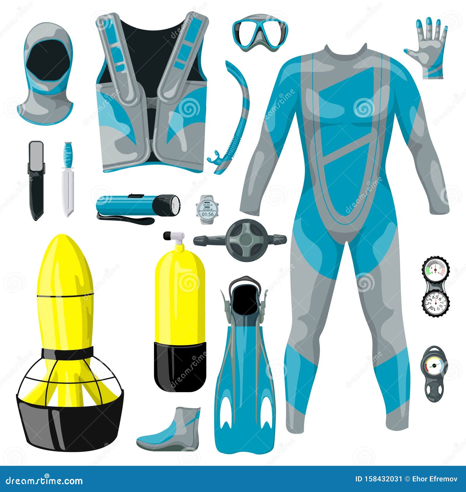 Diver`s set of 16 items stock vector. Illustration of flat - 158432031
