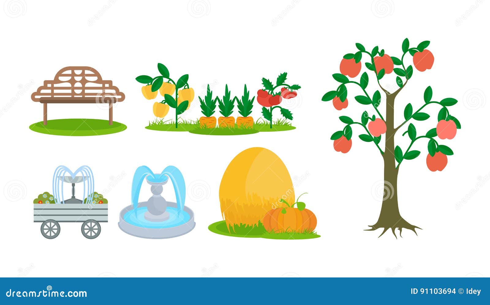 Elements of Farm Plot, Bench for Rest, Fruit Trees, Fountains. Stock ...
