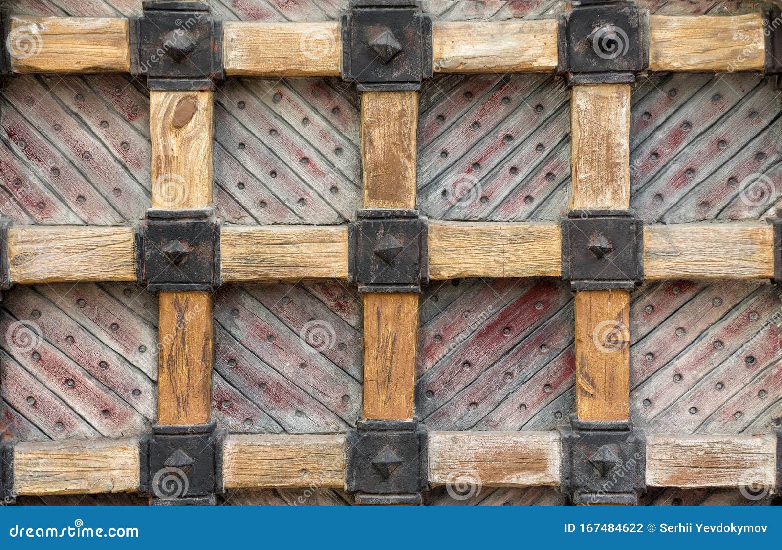 Elements of Massive Old Wooden Gate with Grid of Thick Beams. Close Up ...