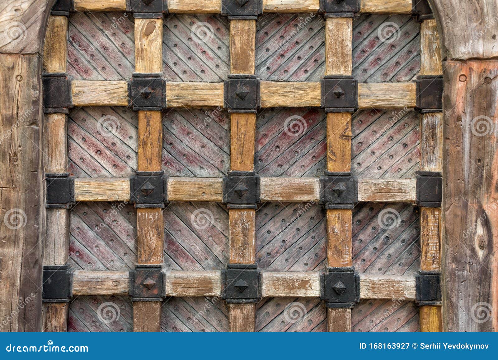 Elements Of Massive Old Wooden Gate With Grid Of Thick Beams Stock ...