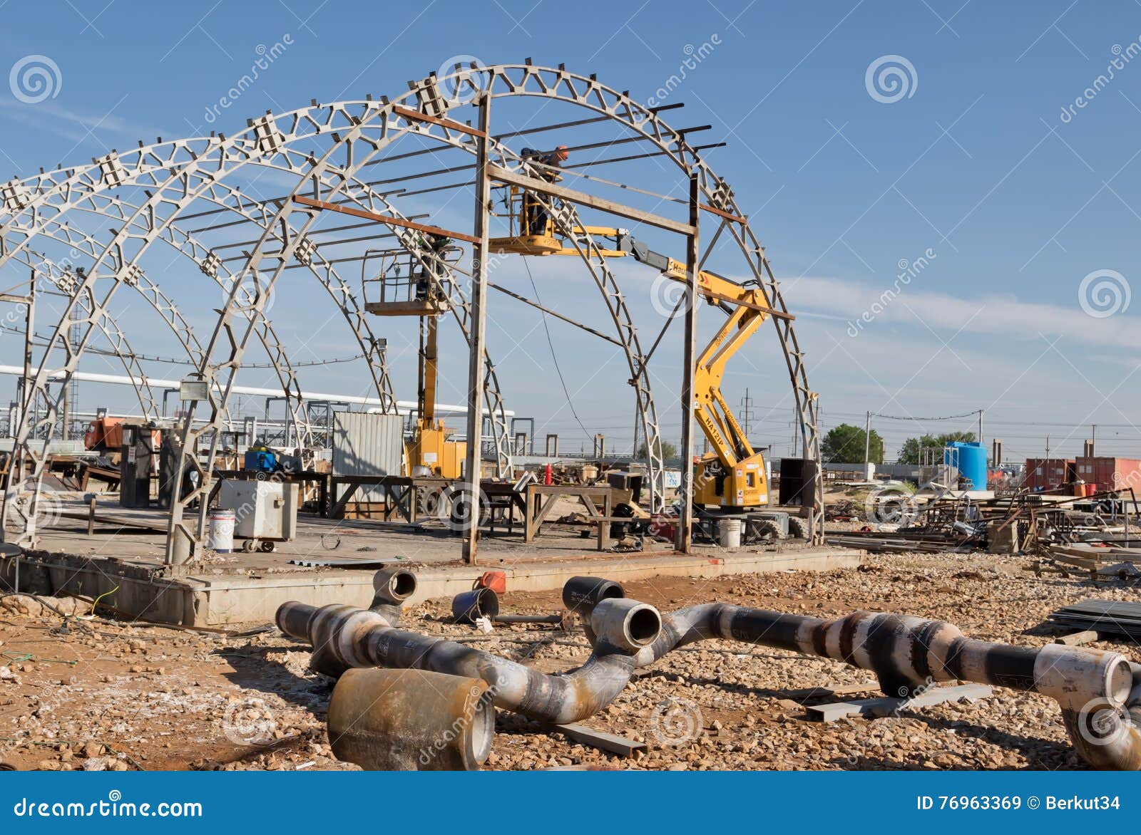 Elements of the Pipeline are at a Construction Site on the Background ...