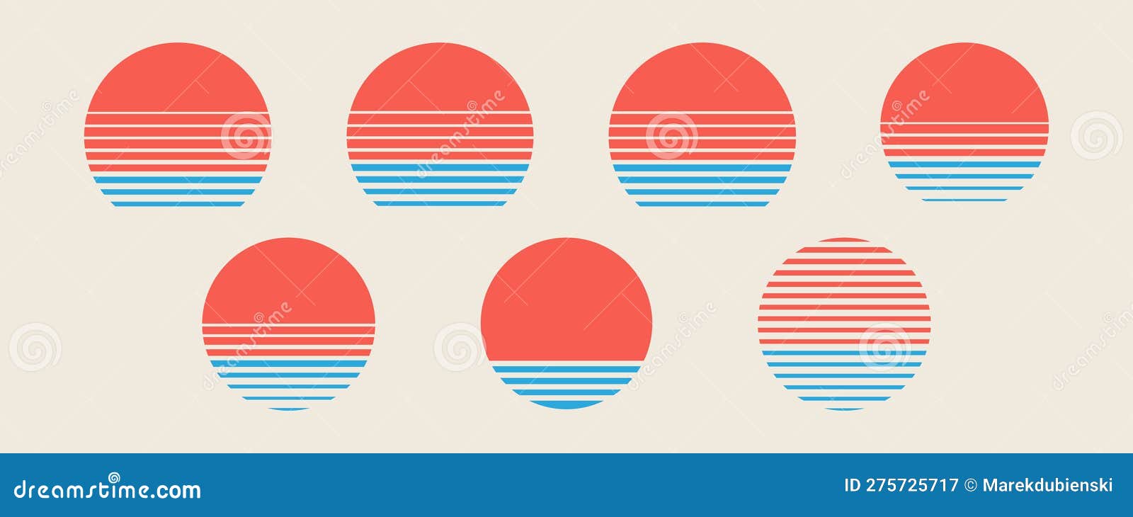 Sunset Collection. Set of Retro Graphics with Sun Dipped in Sea. 80s ...