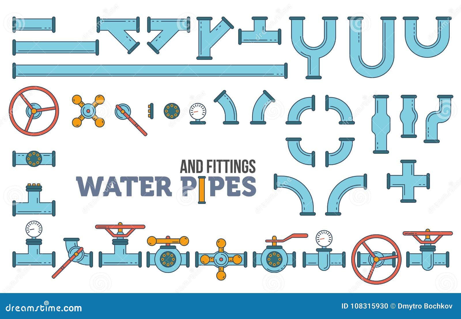 Elements of a Waterpipe. Pipes, Cranes. Linear Design. Stock ...