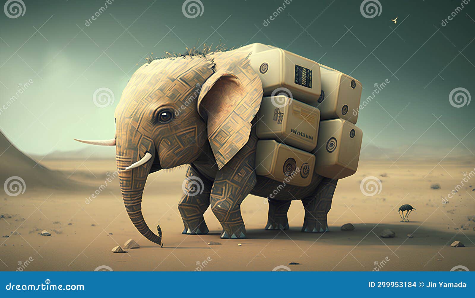 Elephant with Boxes on His Back in the Desert. 3d Rendering Stock ...