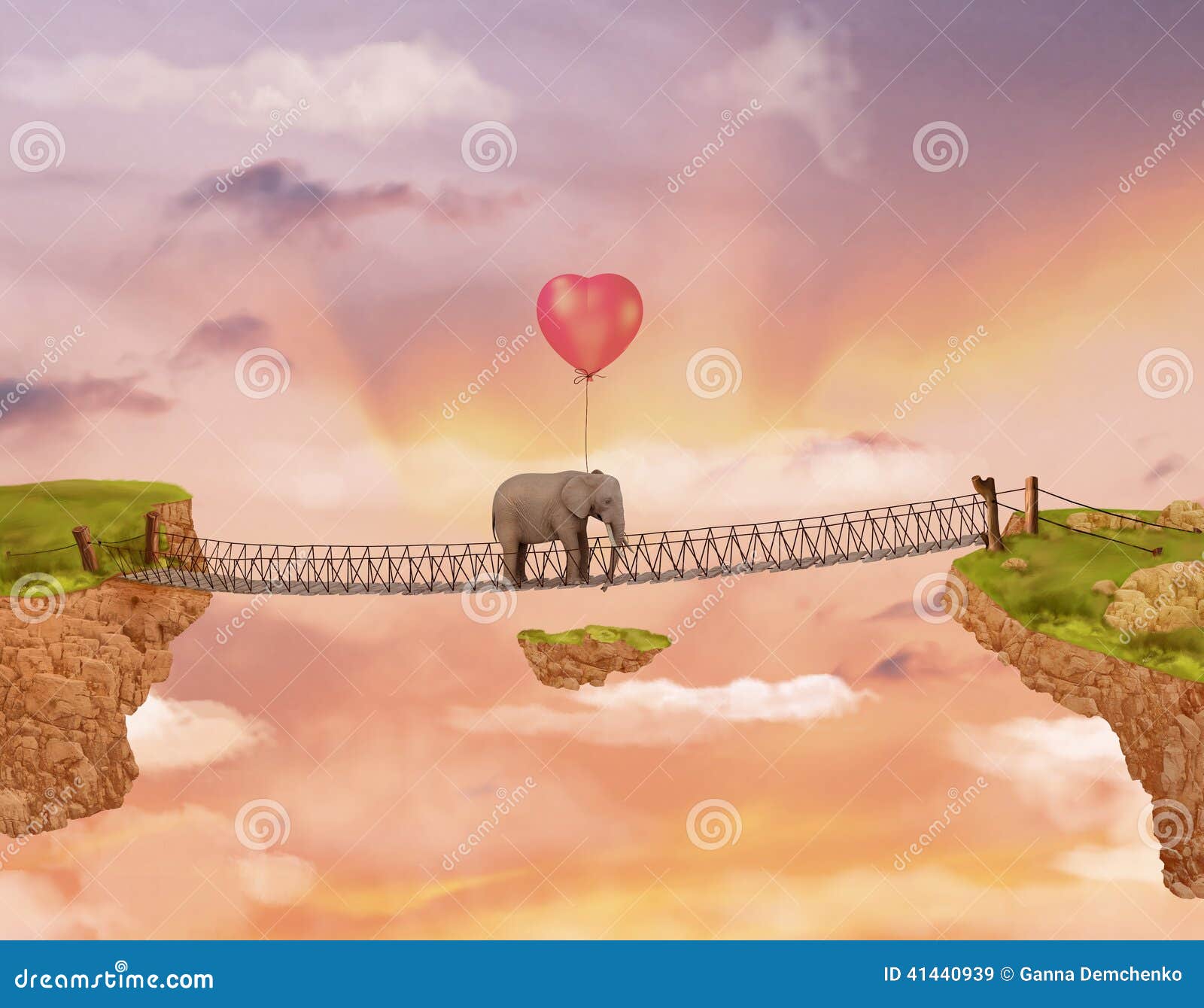 Elephant on a Bridge in the Sky with Balloon. Stock Illustration ...