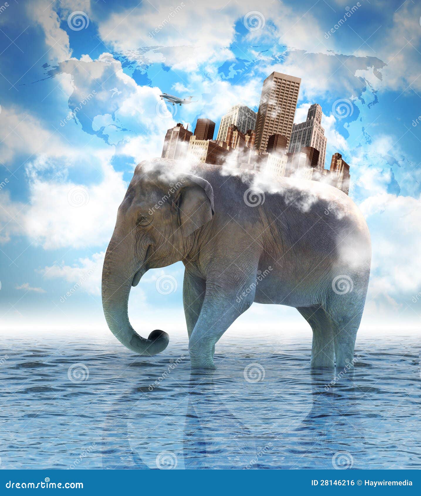 Elephant Carrying City on Back with Clouds Stock Photo - Image of ...
