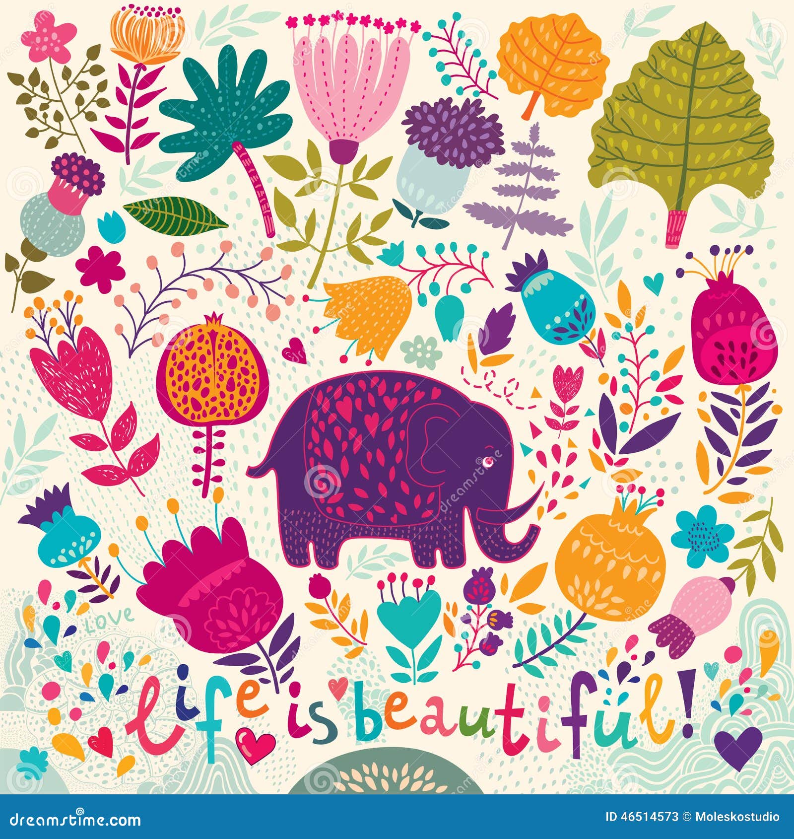 Elephant and Colorful Spring Pattern Stock Vector - Illustration of ...