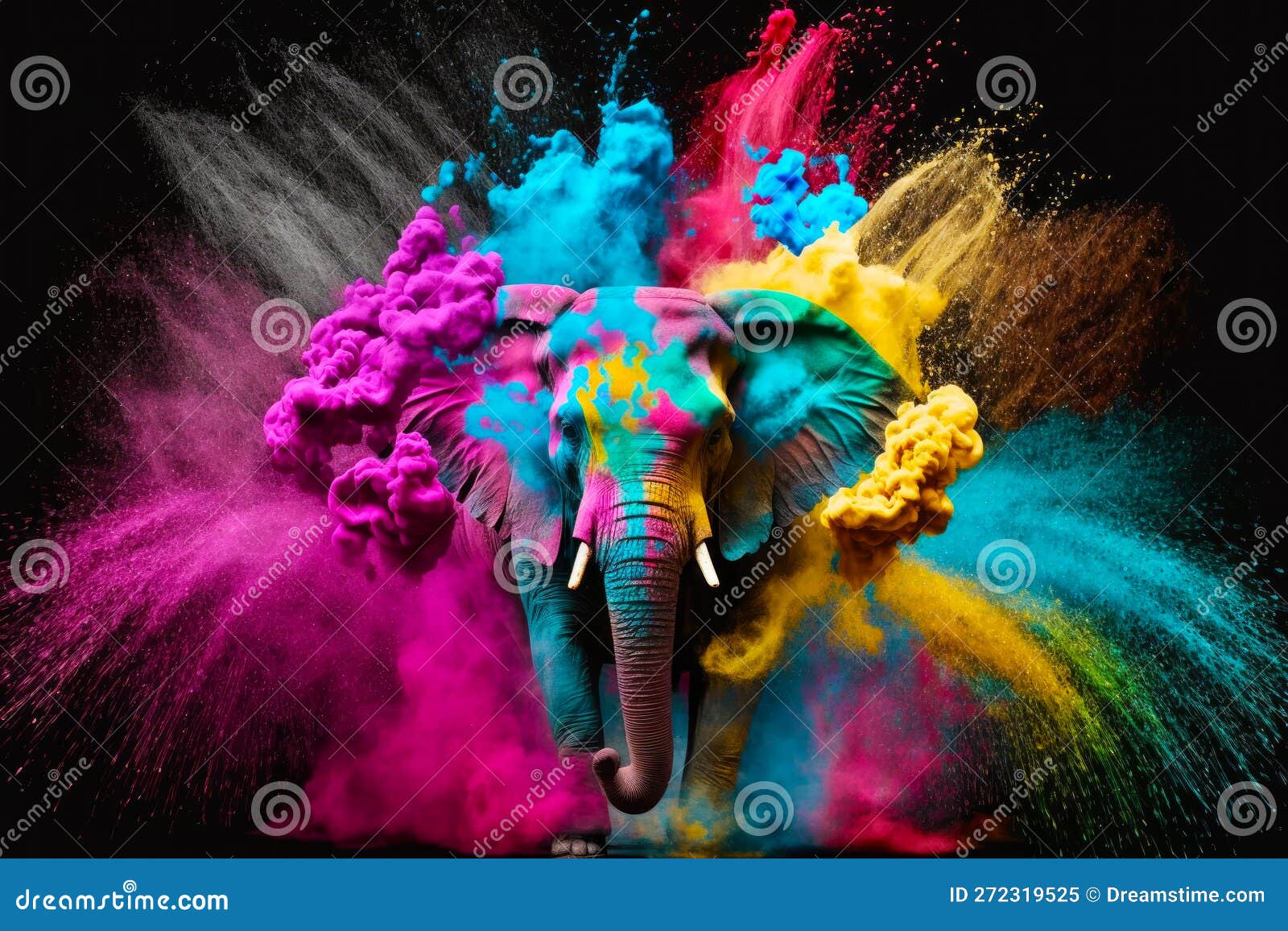 Elephant is Covered in Colored Powder while it Stands in Front of Black ...
