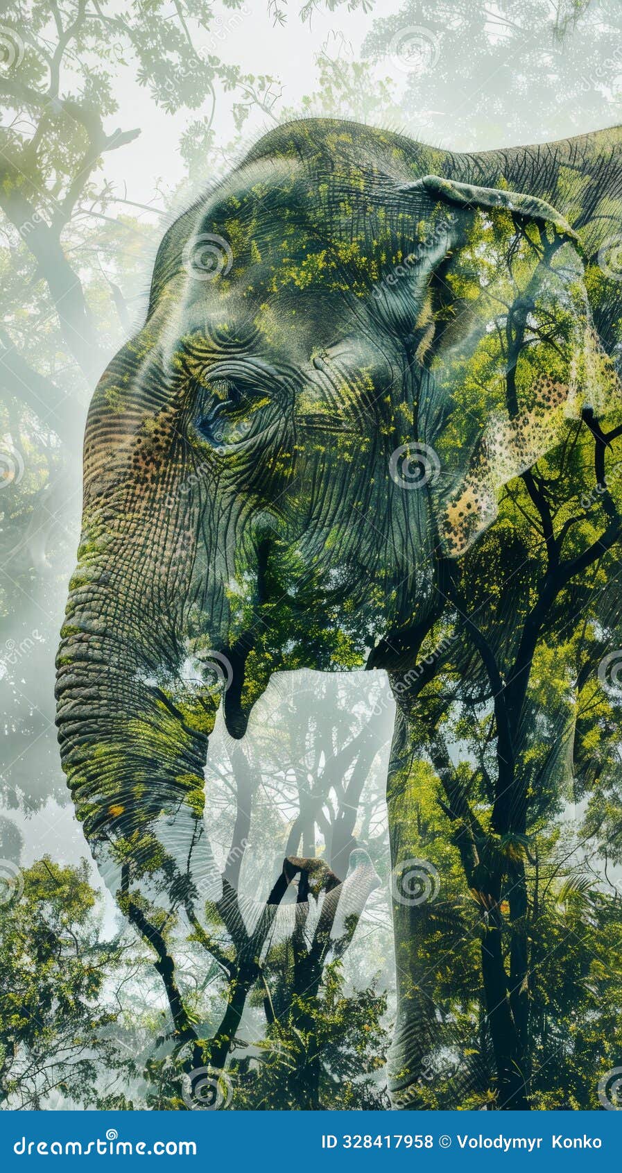 Elephant with Double Exposure Forest Effect, Wildlife and Nature ...