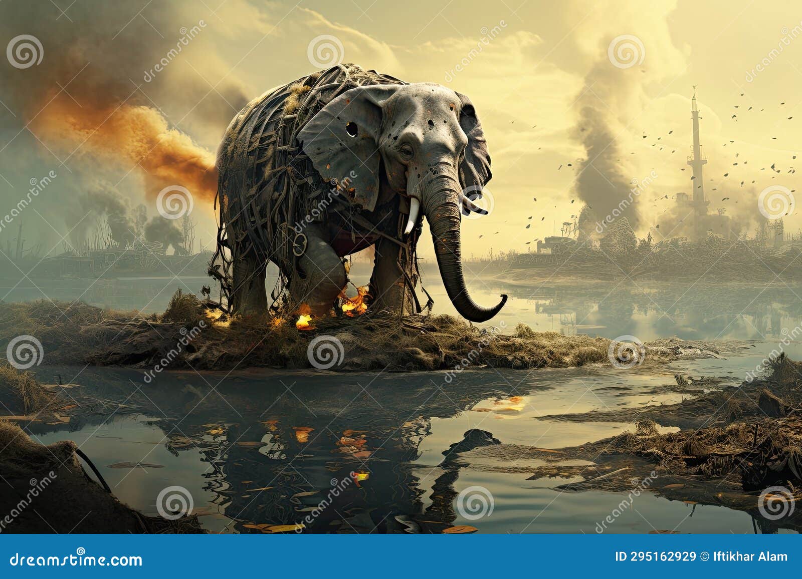 Elephant in the Fire. 3D Illustration. 3D Rendering, Pollution of the ...