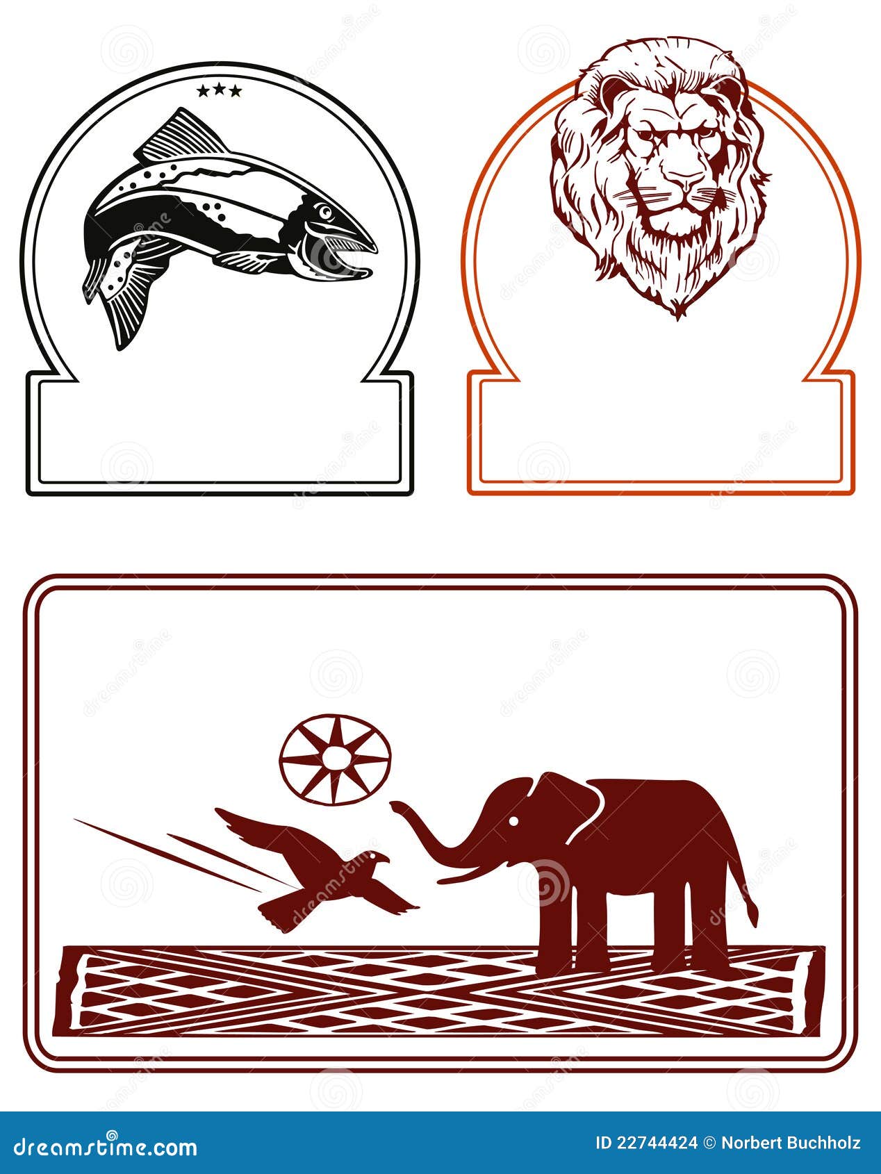 Elephant Fish Lion Labels Stock Illustrations – 3 Elephant Fish Lion ...