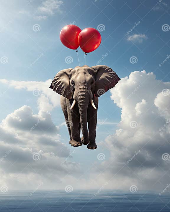 An Elephant Flies into the Sky on Colored Balls Stock Photo - Image of ...