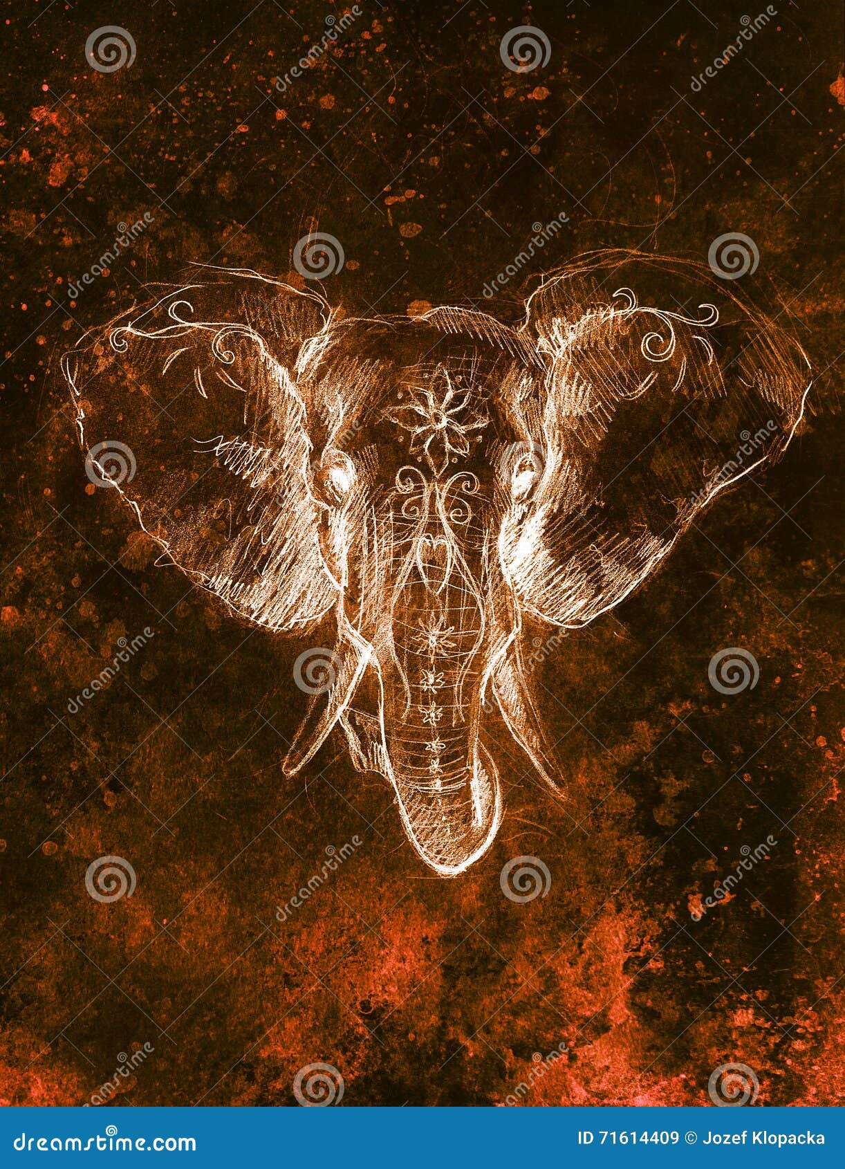 Elephant with Floral Ornament, Pencil Drawing on Paper. Color Effect ...