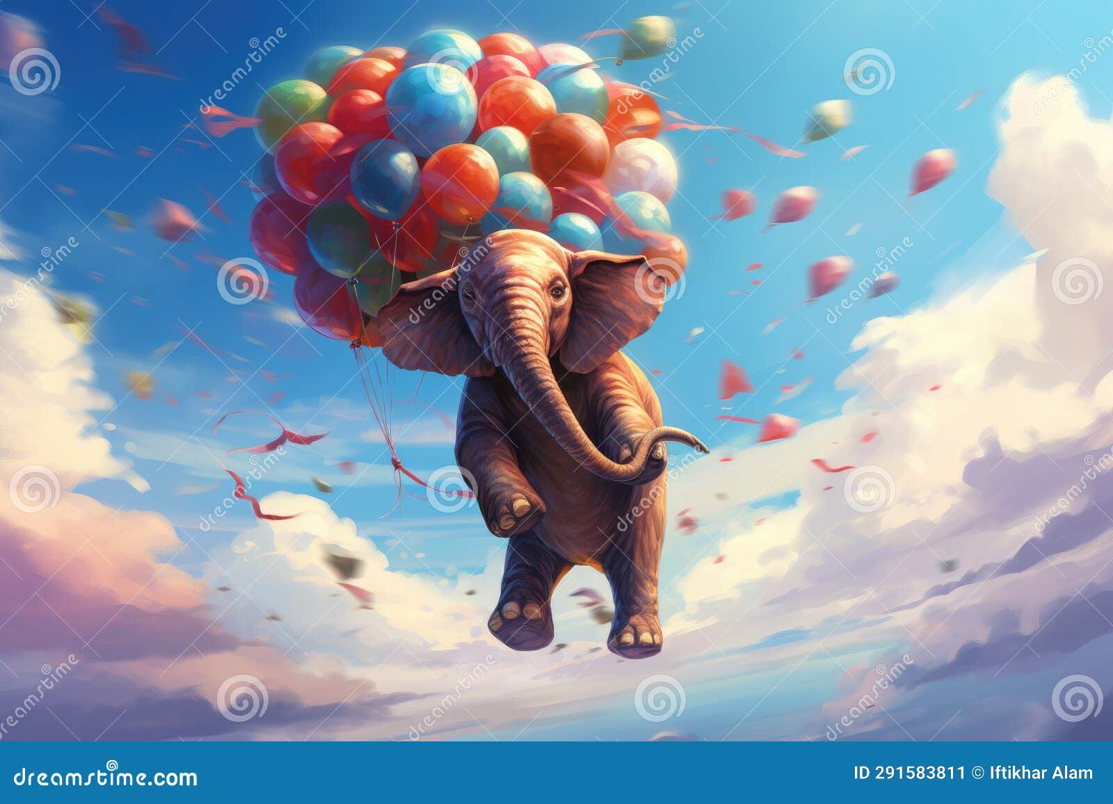 Elephant Flying with Balloons in the Sky. 3d Illustration, Elephant ...