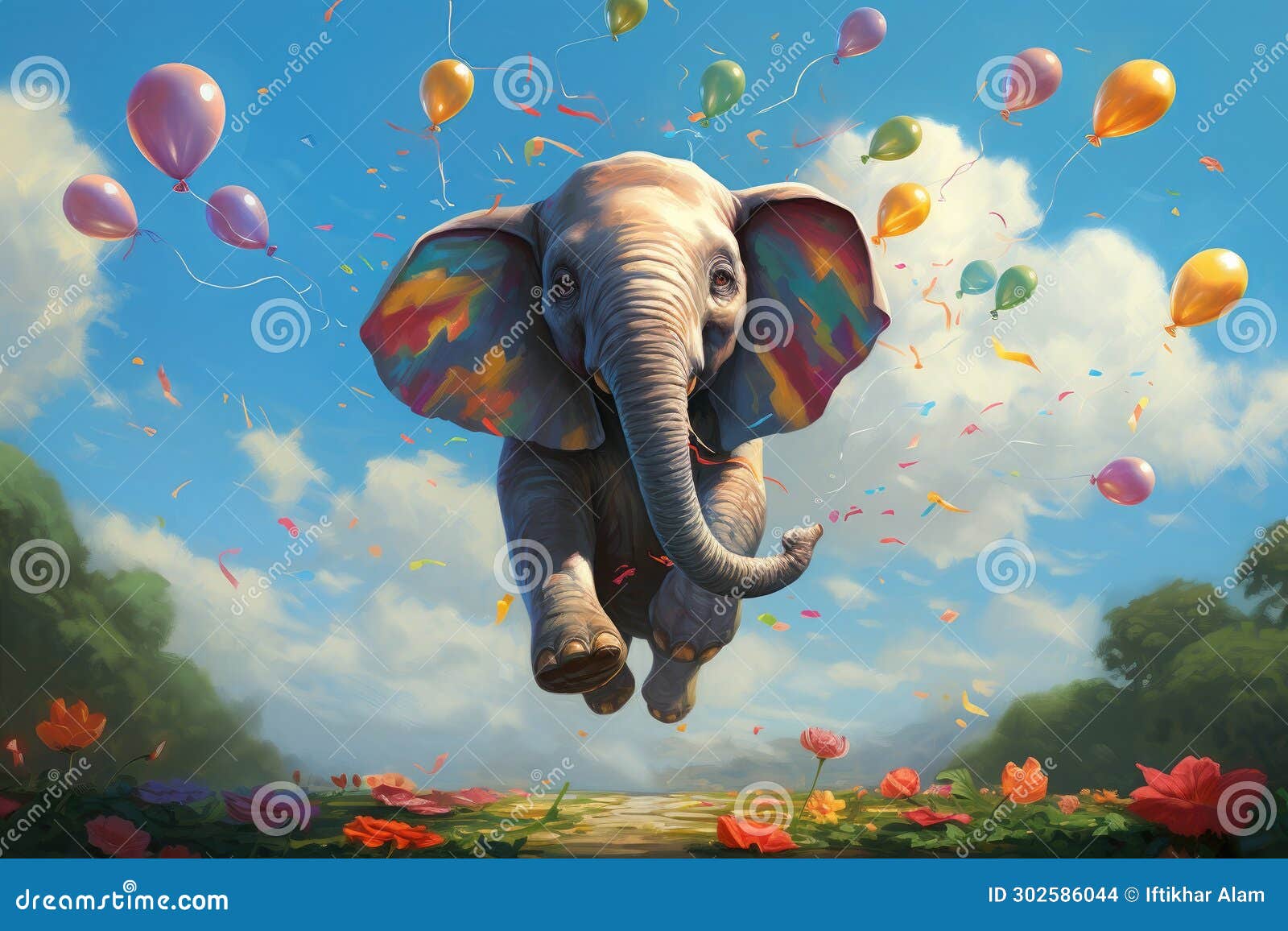 Elephant Flying with Colorful Balloons in the Sky, 3d Illustration ...