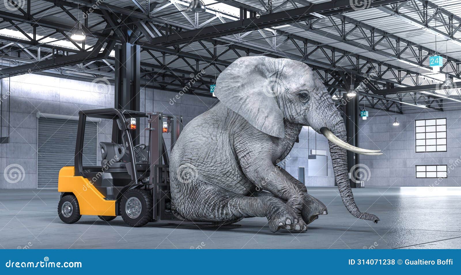 Elephant and Forklift in Warehouse Stock Illustration - Illustration of ...