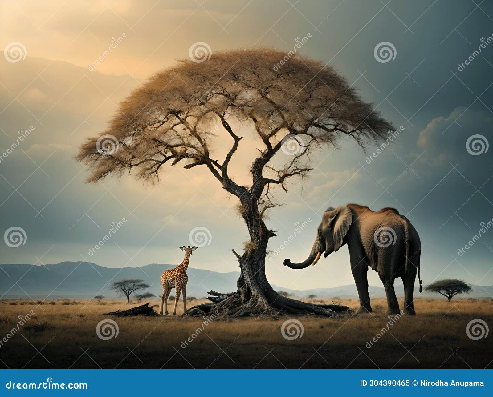 Elephant, Giraffe, and Deer on the Grassland Stock Illustration ...