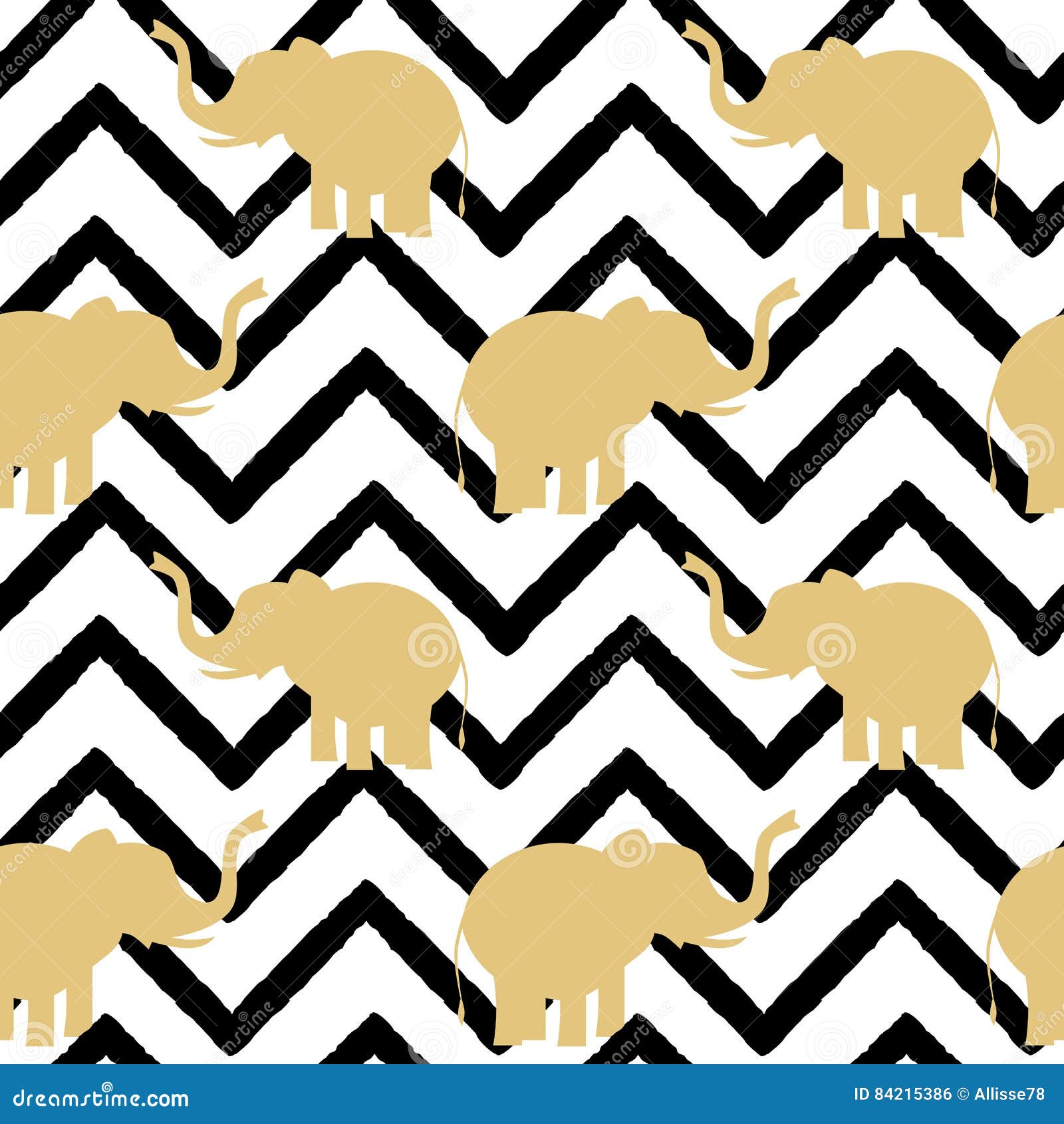 Elephant Gold Silhouette on Abstract Black Chevron Pattern Seamless ...