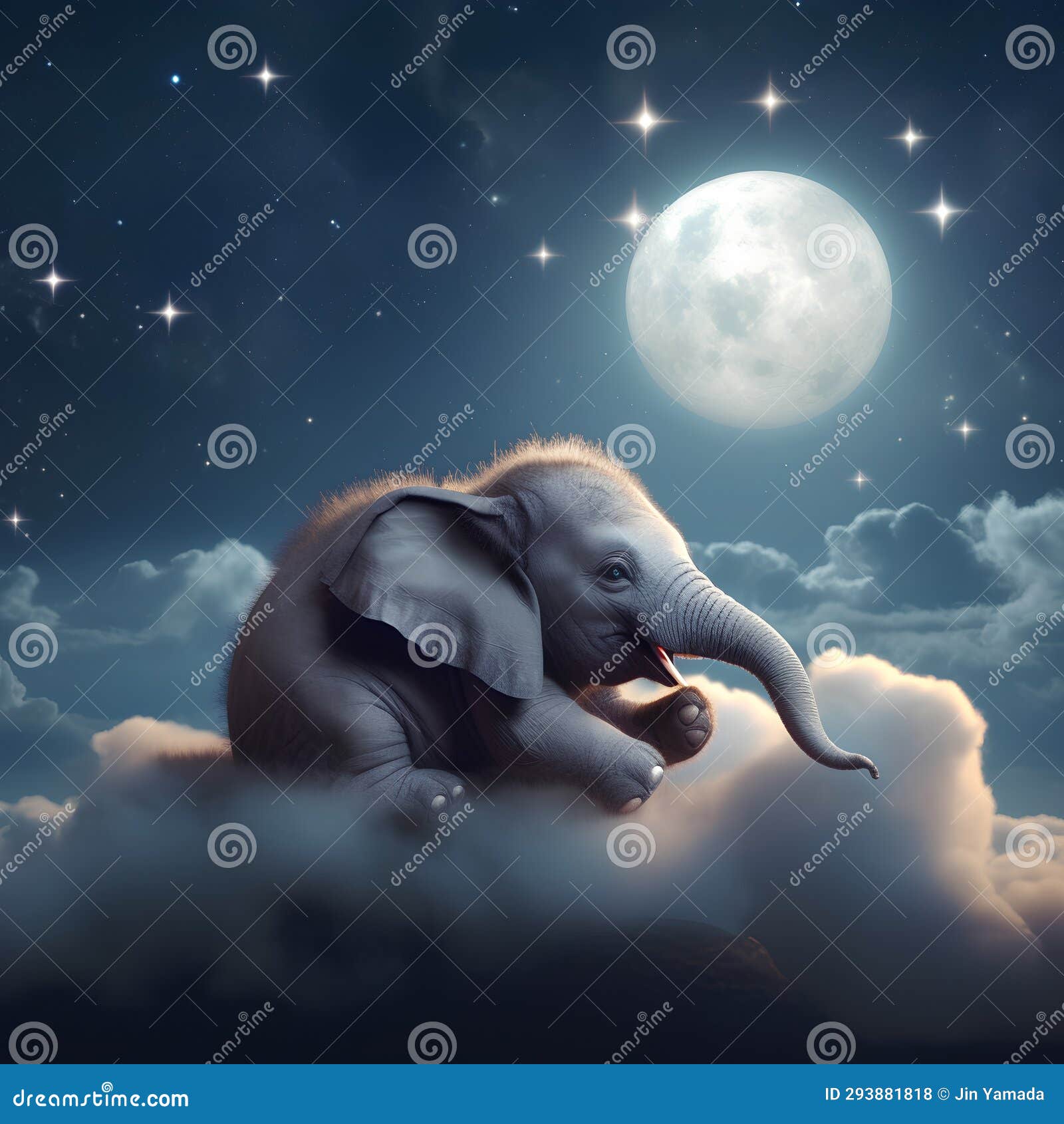 Elephant in the Night Sky with Full Moon. 3D Rendering Stock Photo ...