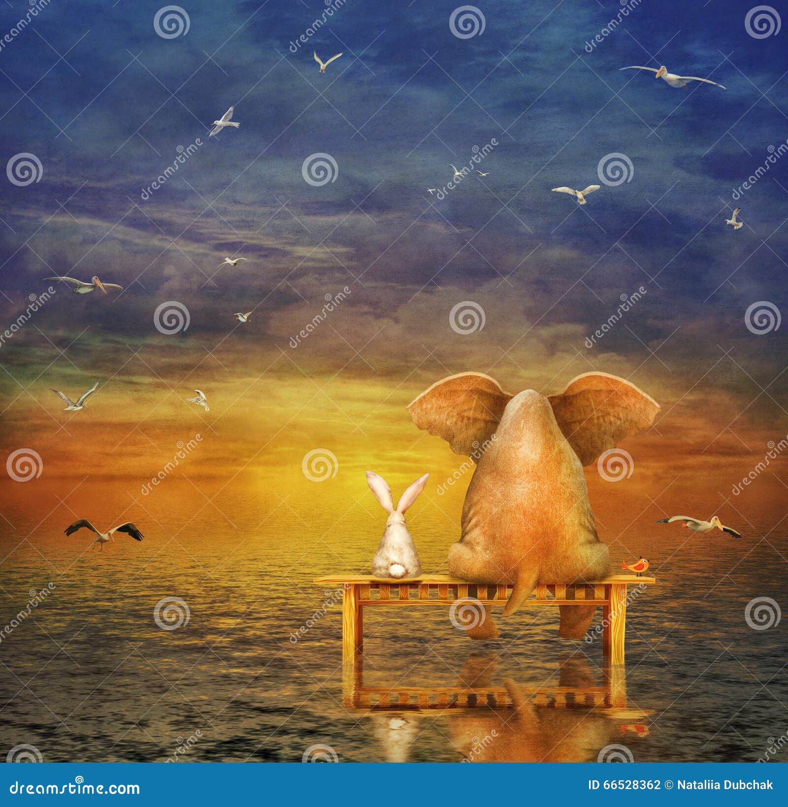 Elephant And Rabbit Sit On A Bench Stock Photo | CartoonDealer.com ...