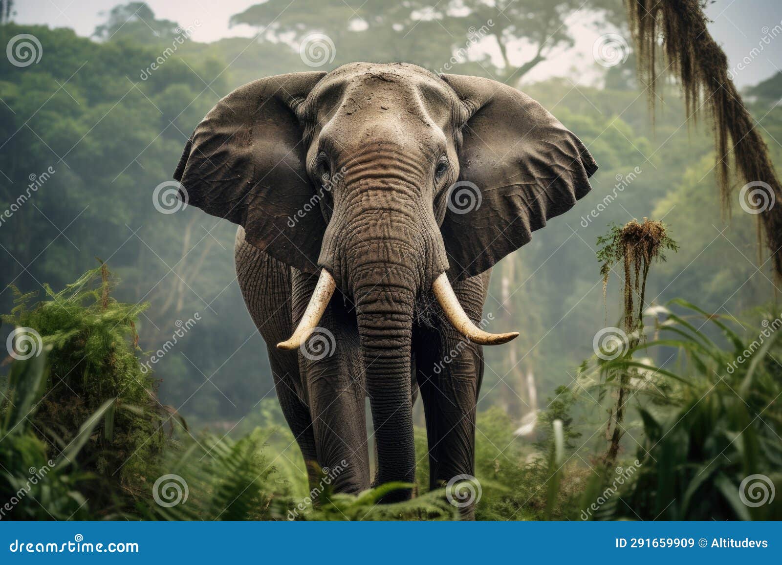 Elephant Raising Its Trunk Against a Jungle Backdrop Stock Image ...
