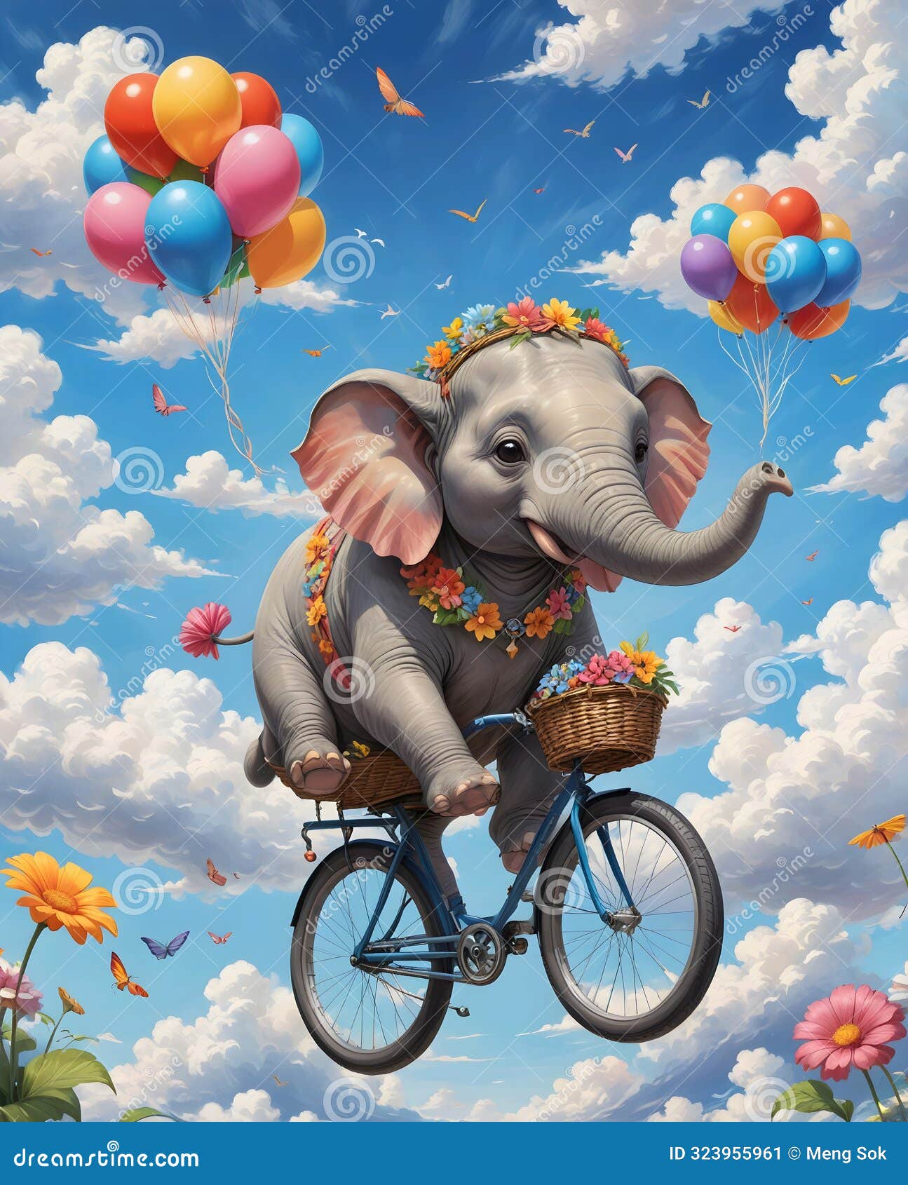 An Elephant Riding a Bicycle with Balloons and Flowers Around it. Stock ...