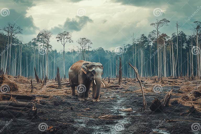 An Elephant Roams through a Devastated Forest Area, Underscoring the ...