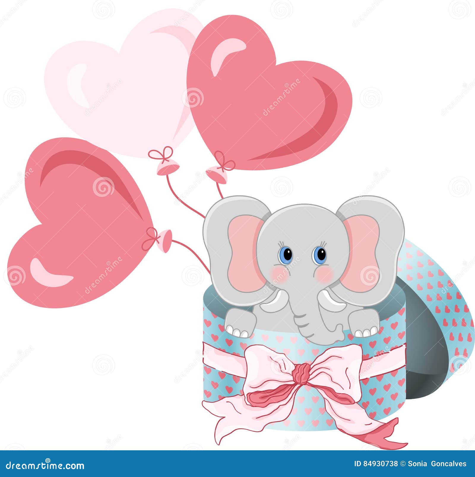 Elephant in Round Gift Box with Bow Ribbon and Balloons Stock Vector ...