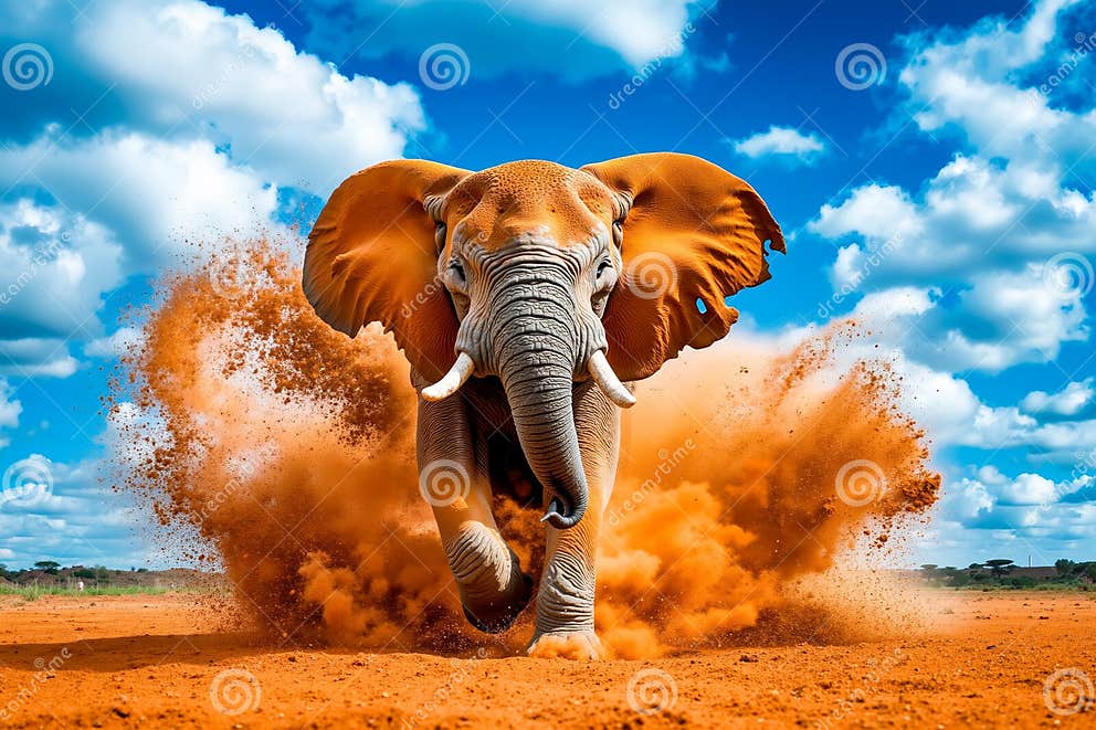 An Elephant Running through the Dust Stock Image - Image of raised ...