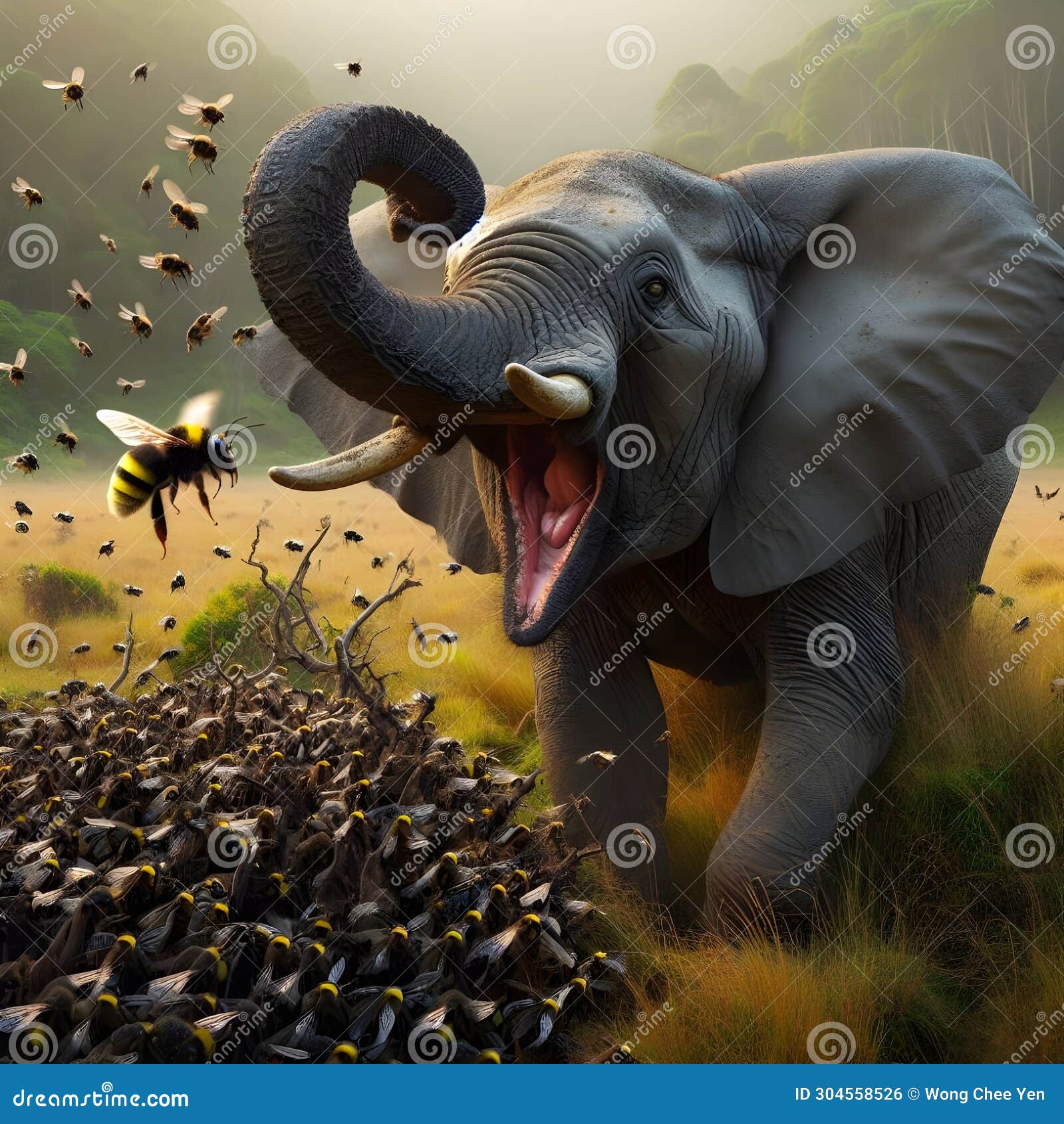 Elephant Scared Alarmed by Bee in African Grassy Forest Illustration ...
