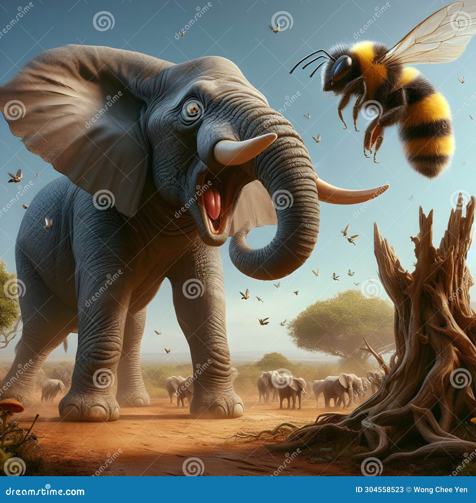 Elephant Scared Alarmed by Bee in African Savannah Illustration Stock ...