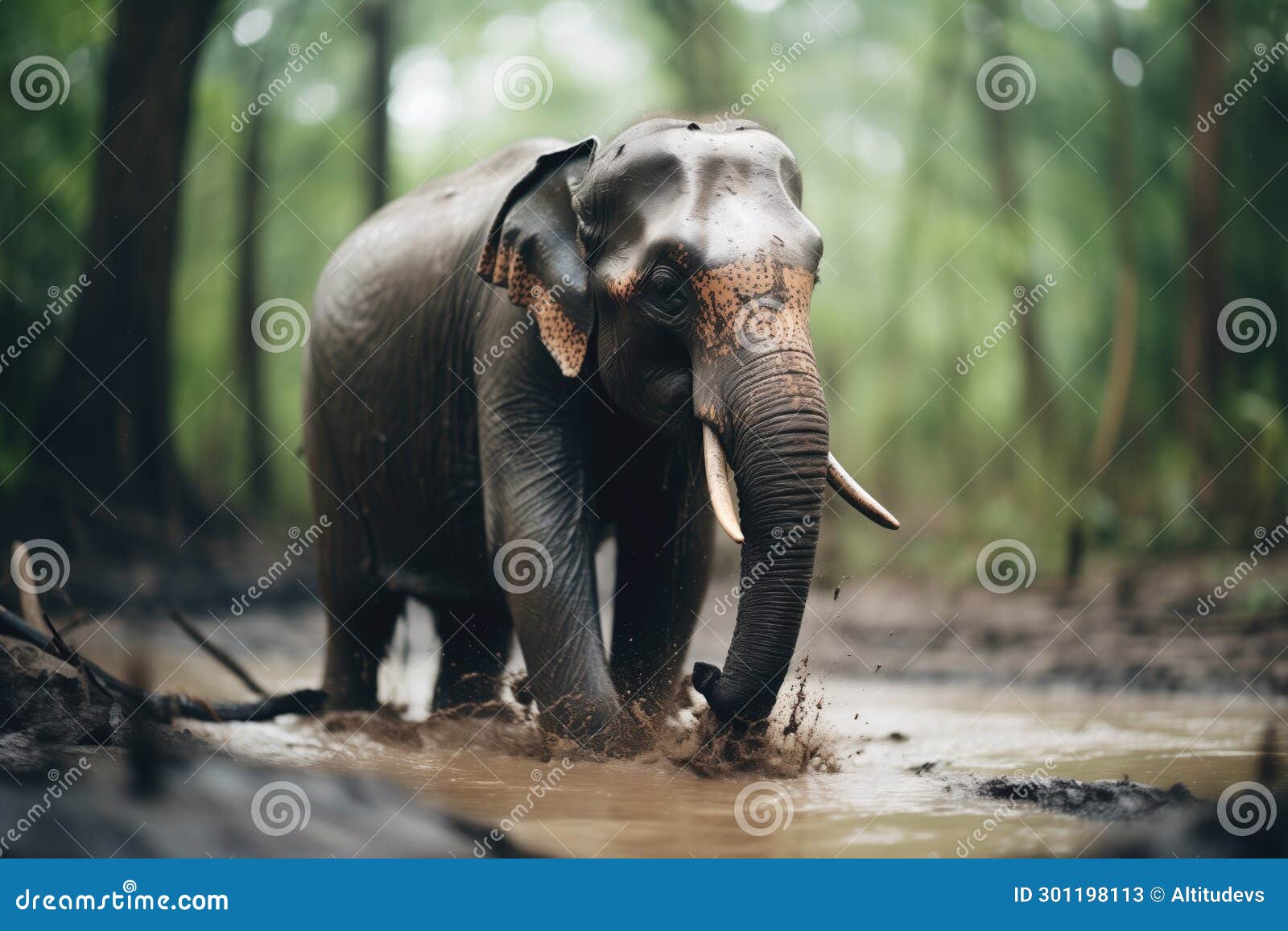 Elephant Spraying Mud on Self in Jungle Stock Illustration ...