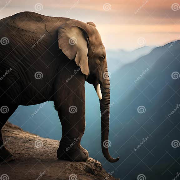 Elephant Standing on a Cliff at Dusk Stock Illustration - Illustration ...