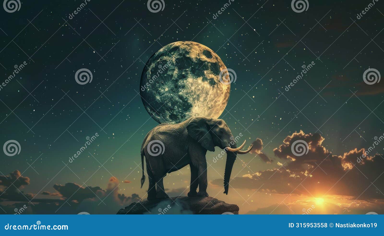 Elephant Standing on a Cliff with a Giant Moon in the Background Stock ...