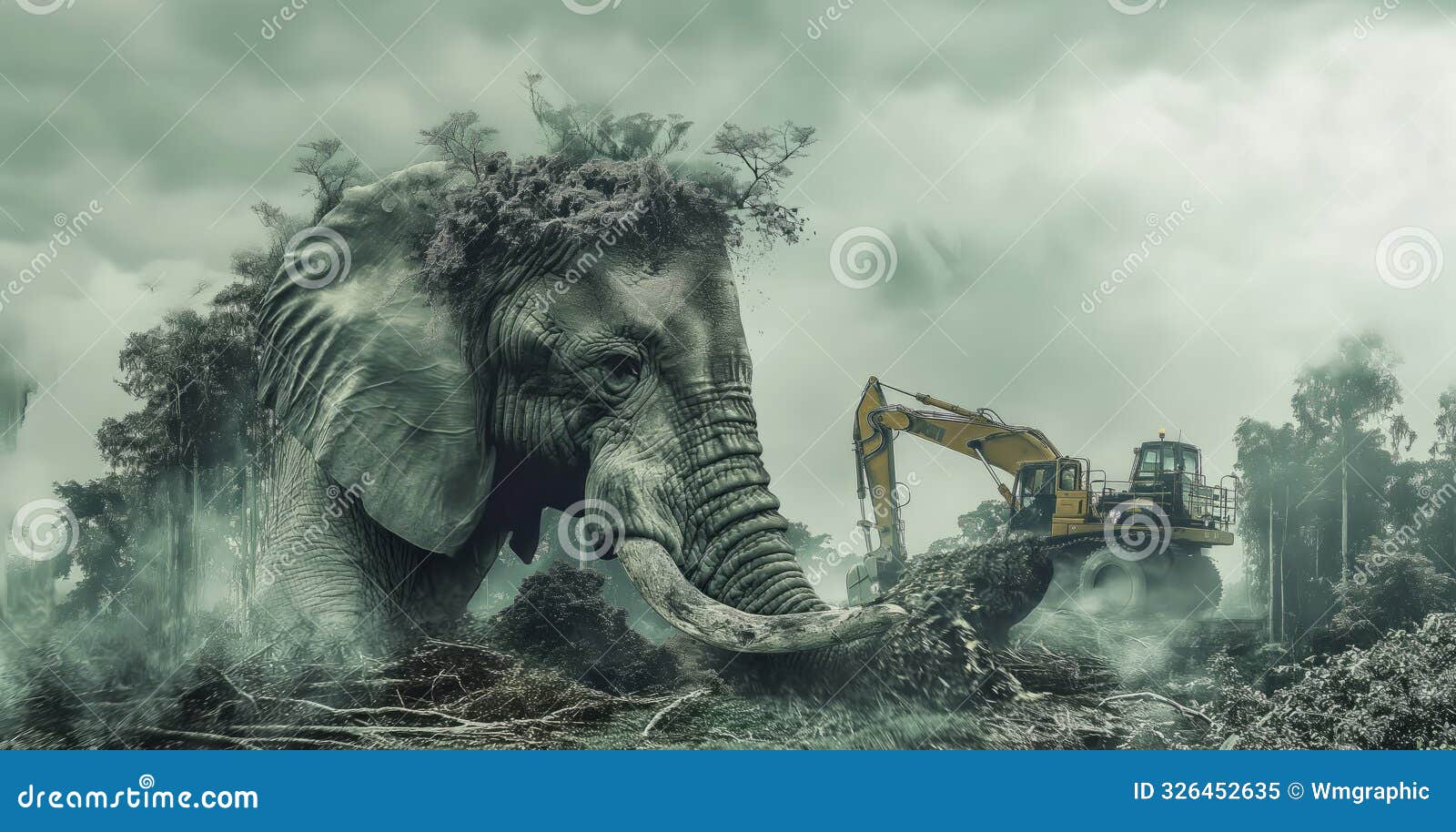 An Elephant Standing in the Middle of Deforestation, Behind Him is an ...