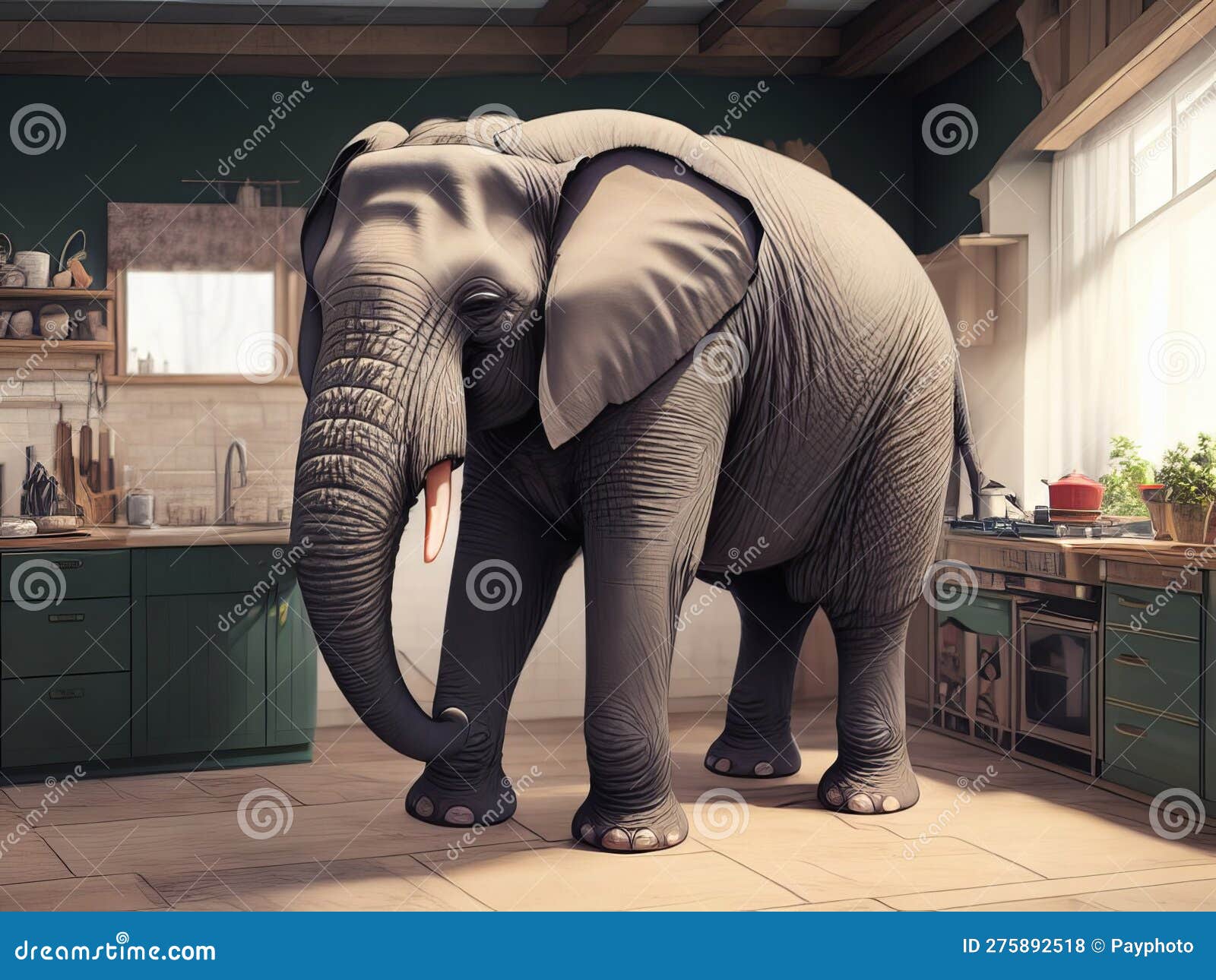 An Elephant Standing in the Middle of a Kitchen. Stock Illustration ...