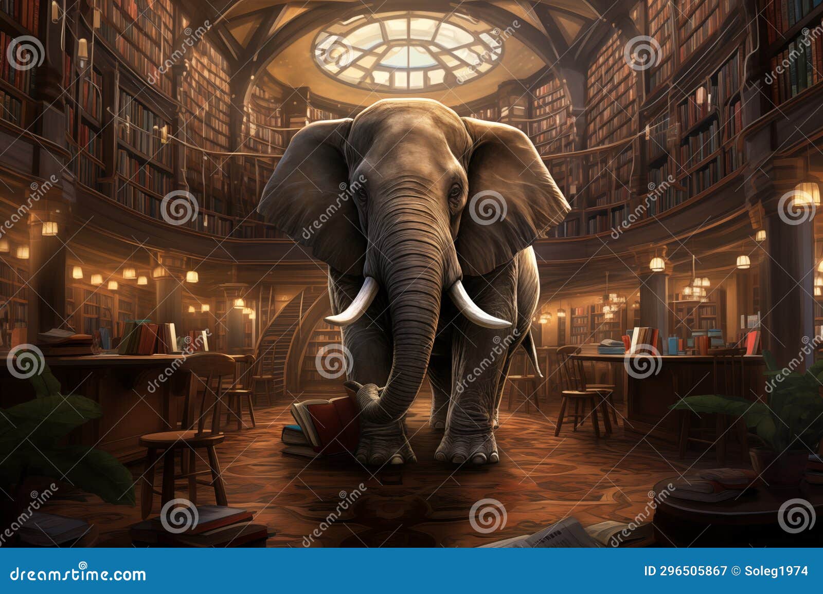 Elephant Standing and Posing in Center of Library Stock Illustration ...