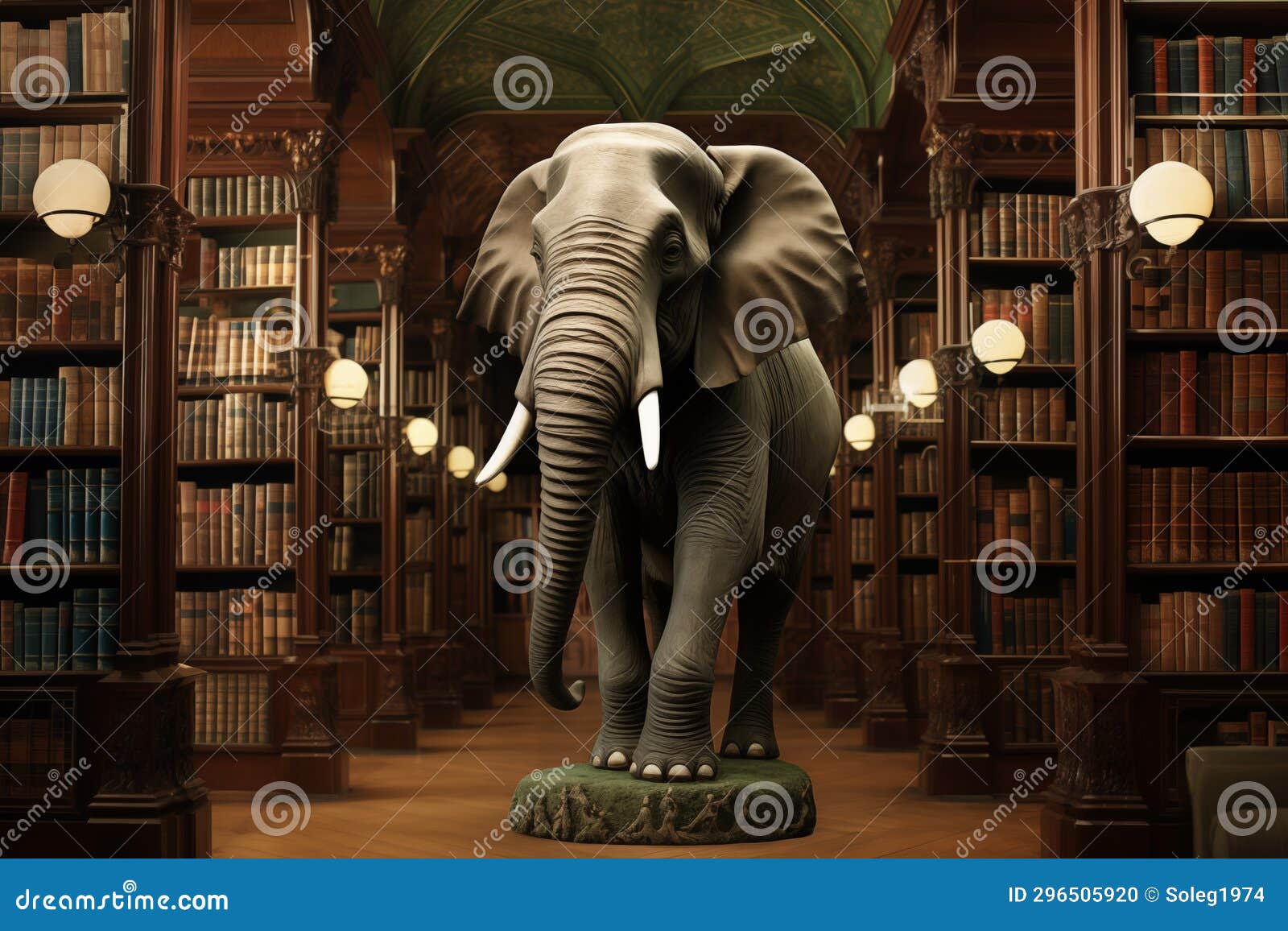 Elephant Standing and Posing in Center of Library Stock Illustration ...