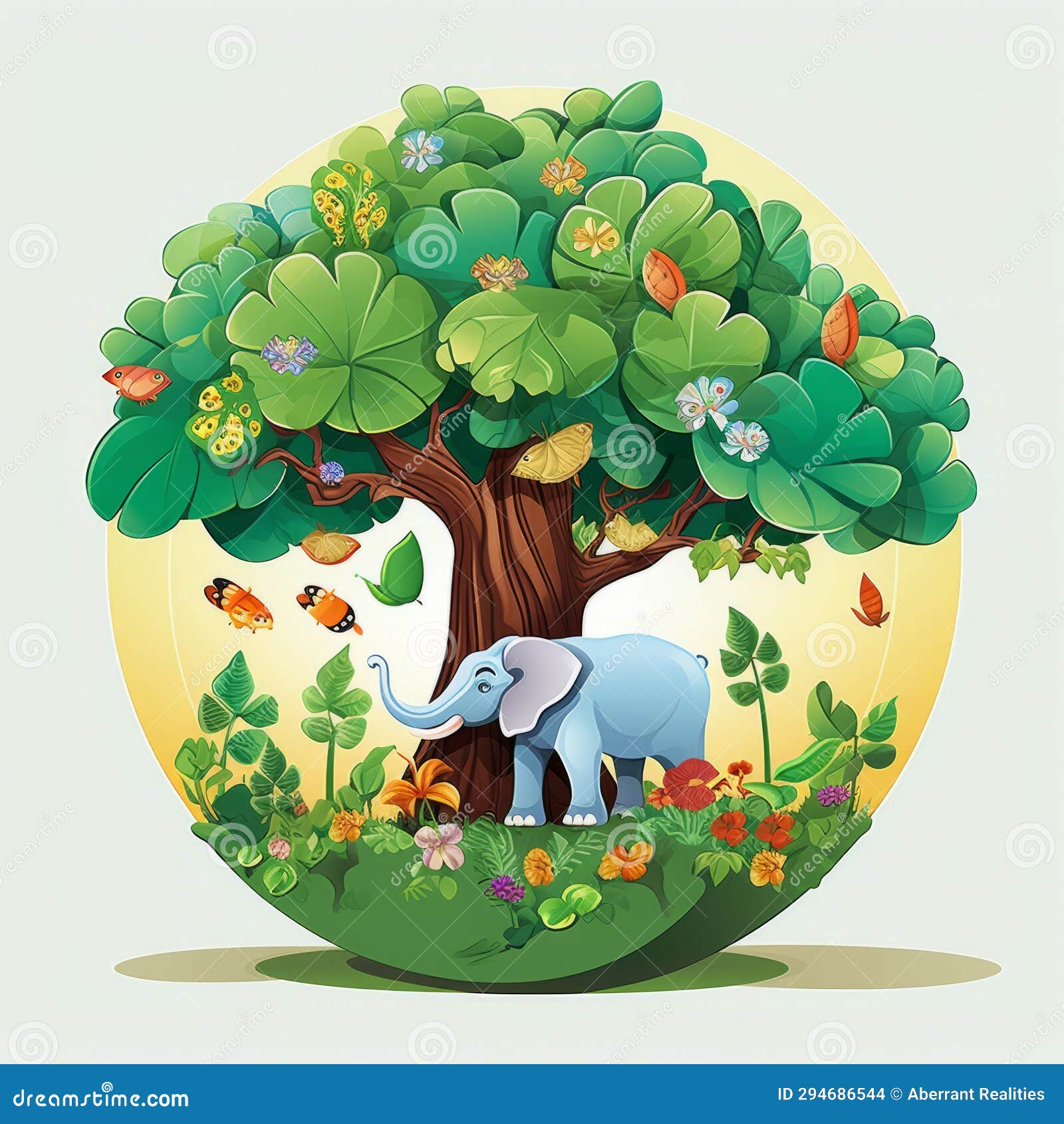 An Elephant is Standing Under a Tree with Leaves and Flowers Stock ...