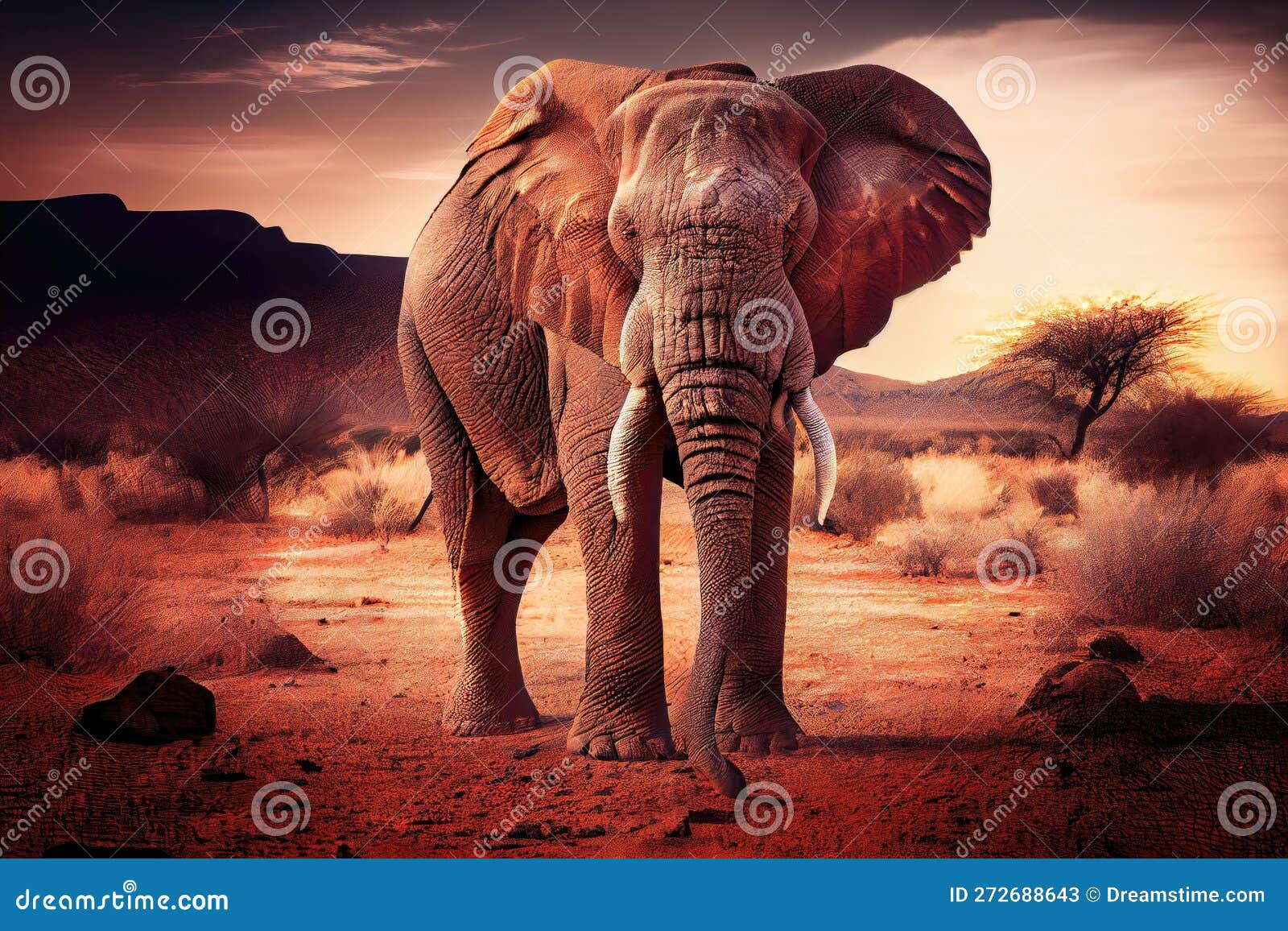 An Elephant Stands Alone in a Desert at Sunset Stock Illustration ...
