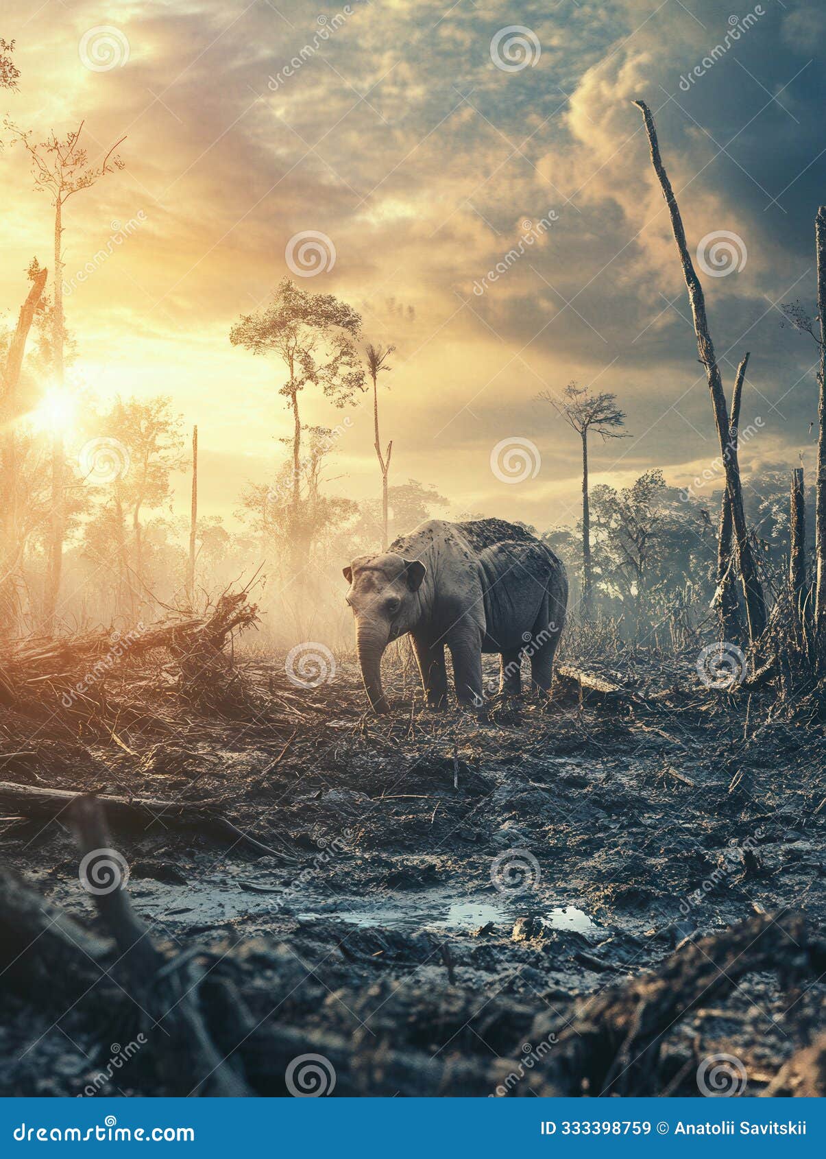 An Elephant Stands Alone in a Devastated Landscape, Showcasing the ...