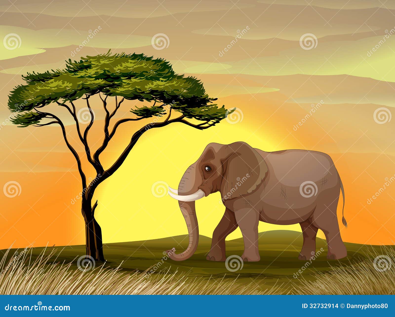 Elephant under a tree stock vector. Illustration of grass - 32732914