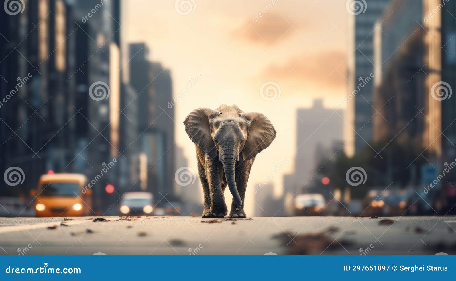 An Elephant Walking Down the Street in Front of Buildings, AI Stock ...