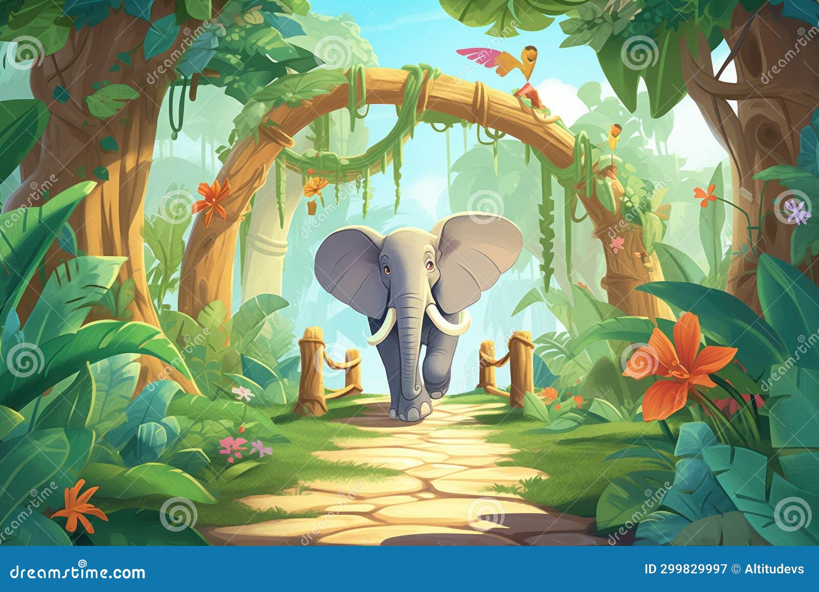 An Elephant Walking through a Pathway Leading into a Lush Jungle Stock ...