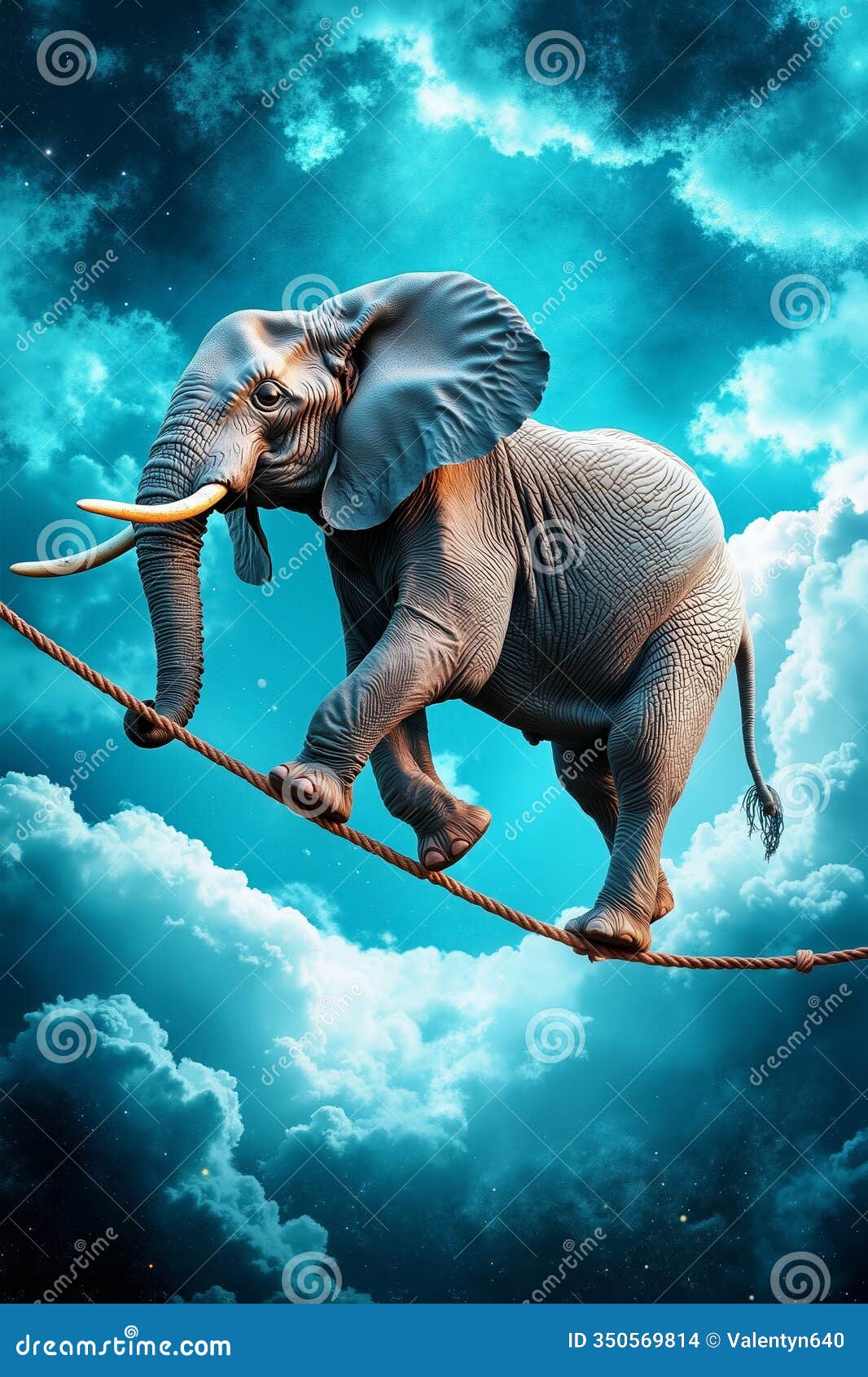 An Elephant Walking on a Rope in the Sky Stock Photo - Image of ...