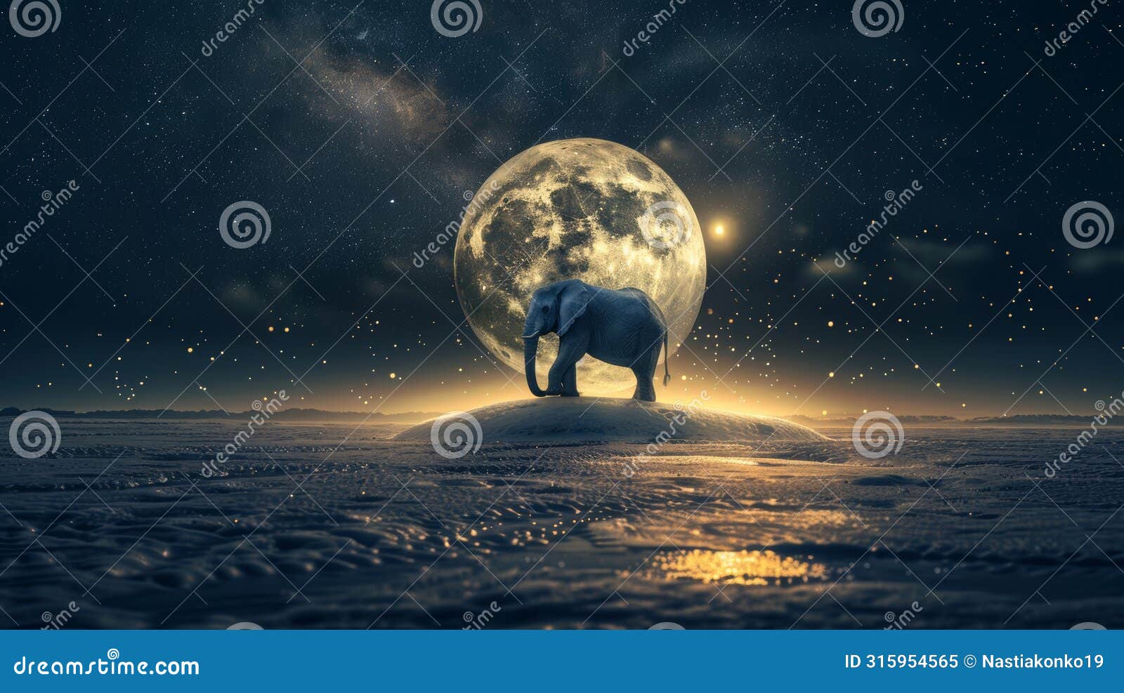 Elephant Walking Under a Full Moon on a Starry Night Stock Image ...