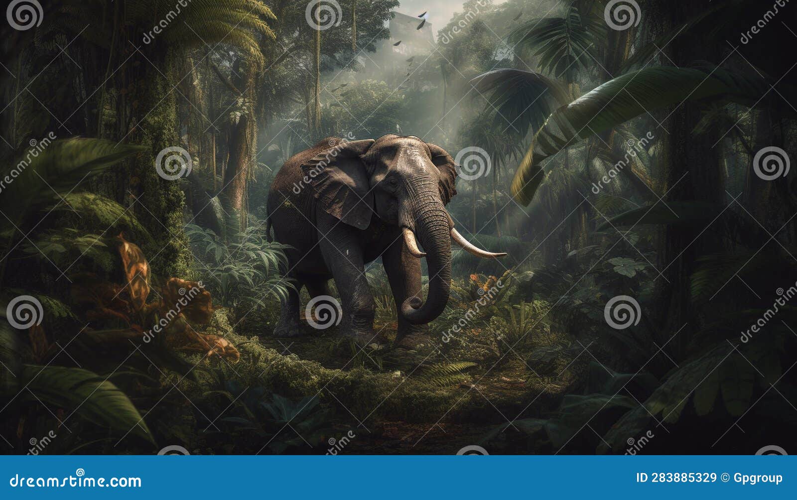 Elephant Walking through Wet Tropical Rainforest Landscape Generated by ...