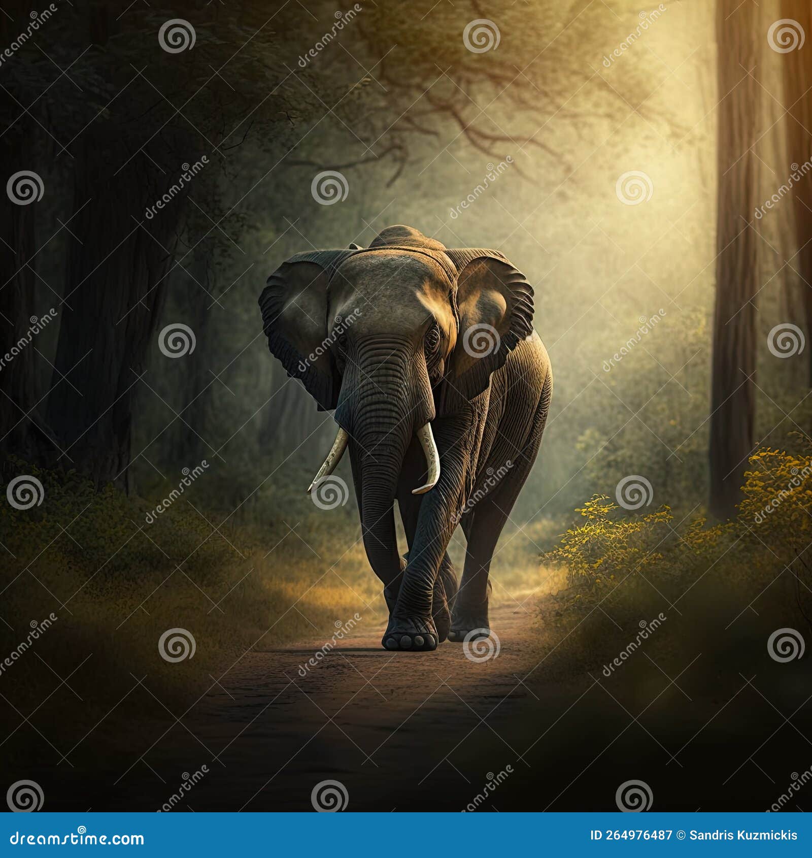 An Elephant Walks Along a Forest Path. Generative AI Stock Illustration ...