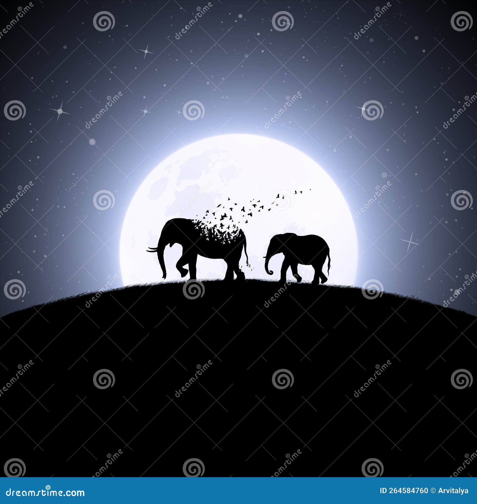 Elephants on Moonlight Night Stock Vector - Illustration of dove ...